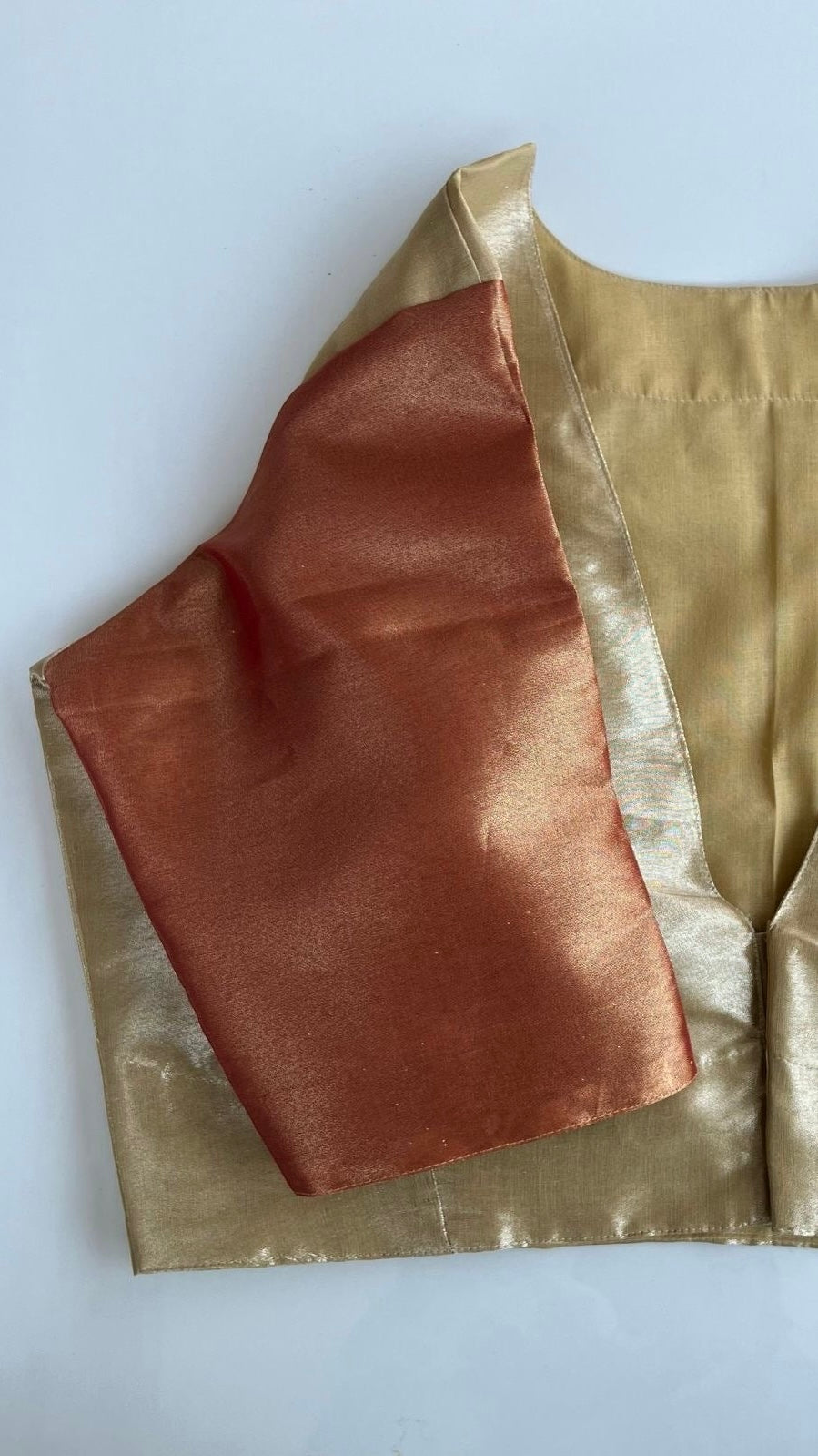 "Reva" collection - pure tissue silk blouse in gold and copper sleeves ...